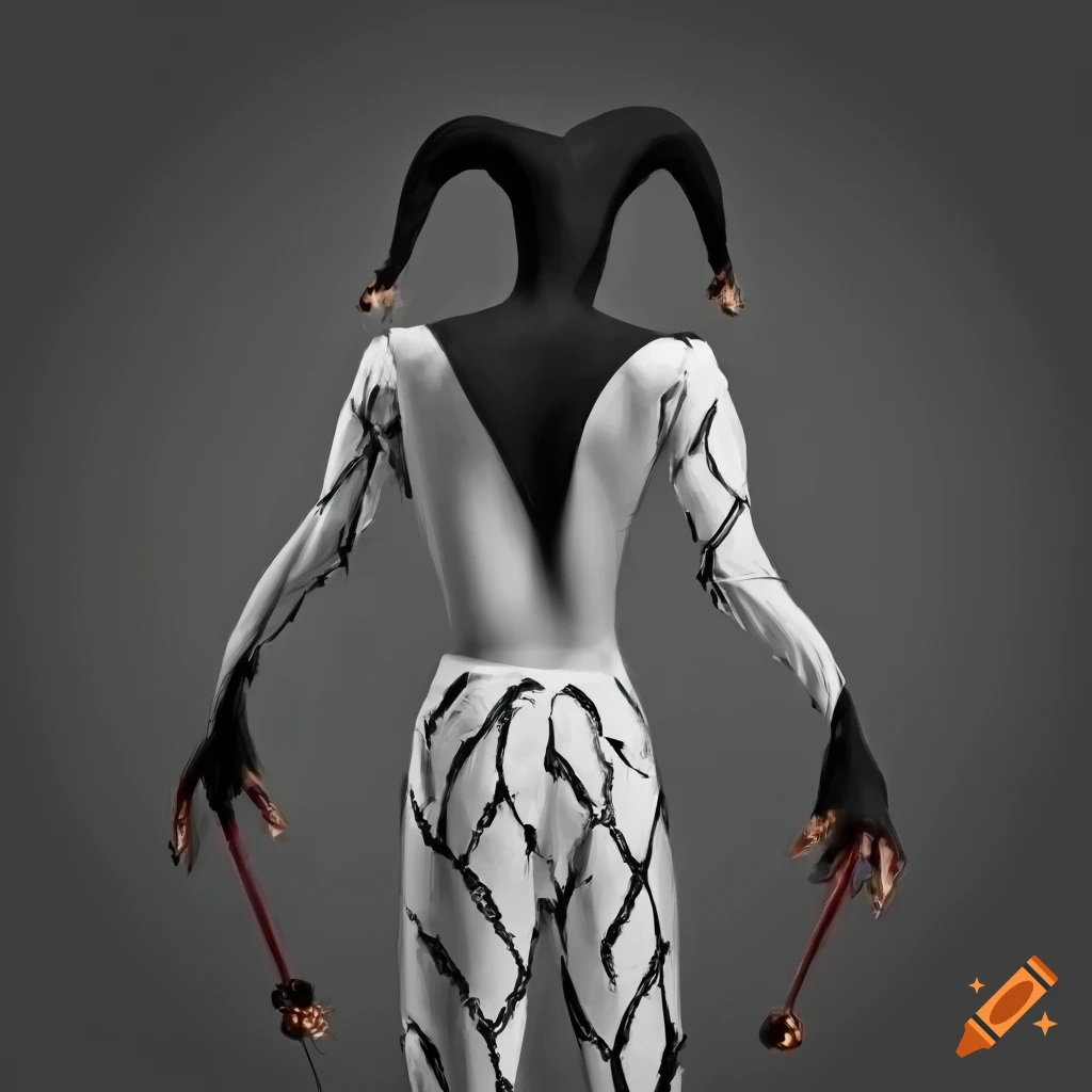 Back view of jester in white and black attire on Craiyon
