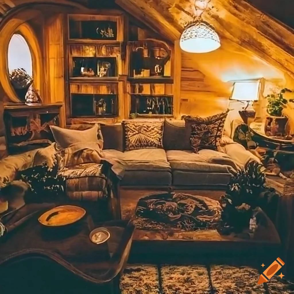 Cozy hobbit living room interior in aesthetic photography style on Craiyon