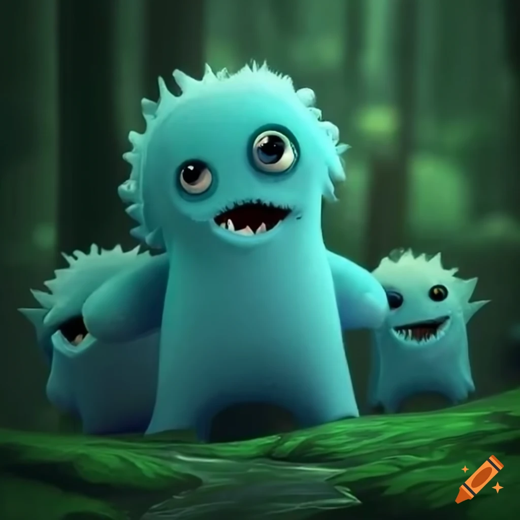Three cute monsters playing in a forest of foam trees on Craiyon