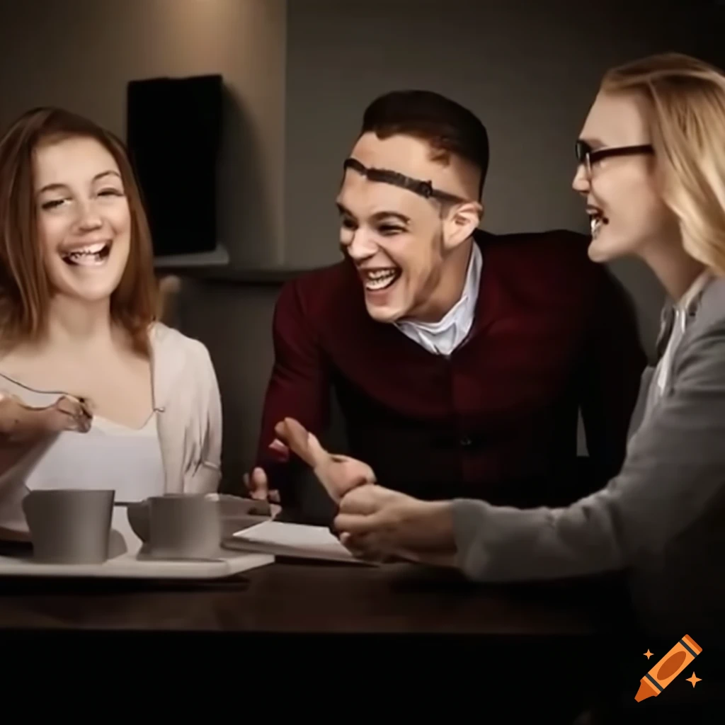 Colleagues laughing and goofing off during an office break on Craiyon
