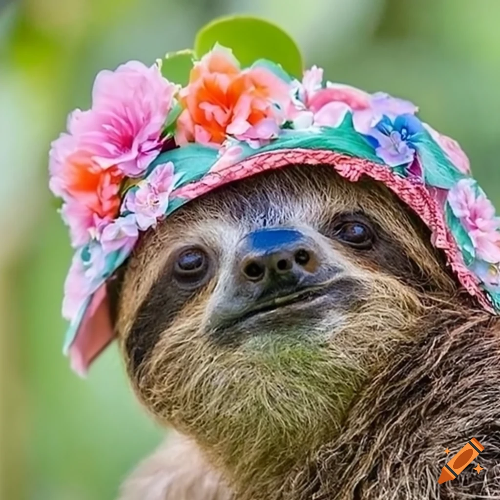 Sloth wearing a floral hat in pastel colors on Craiyon