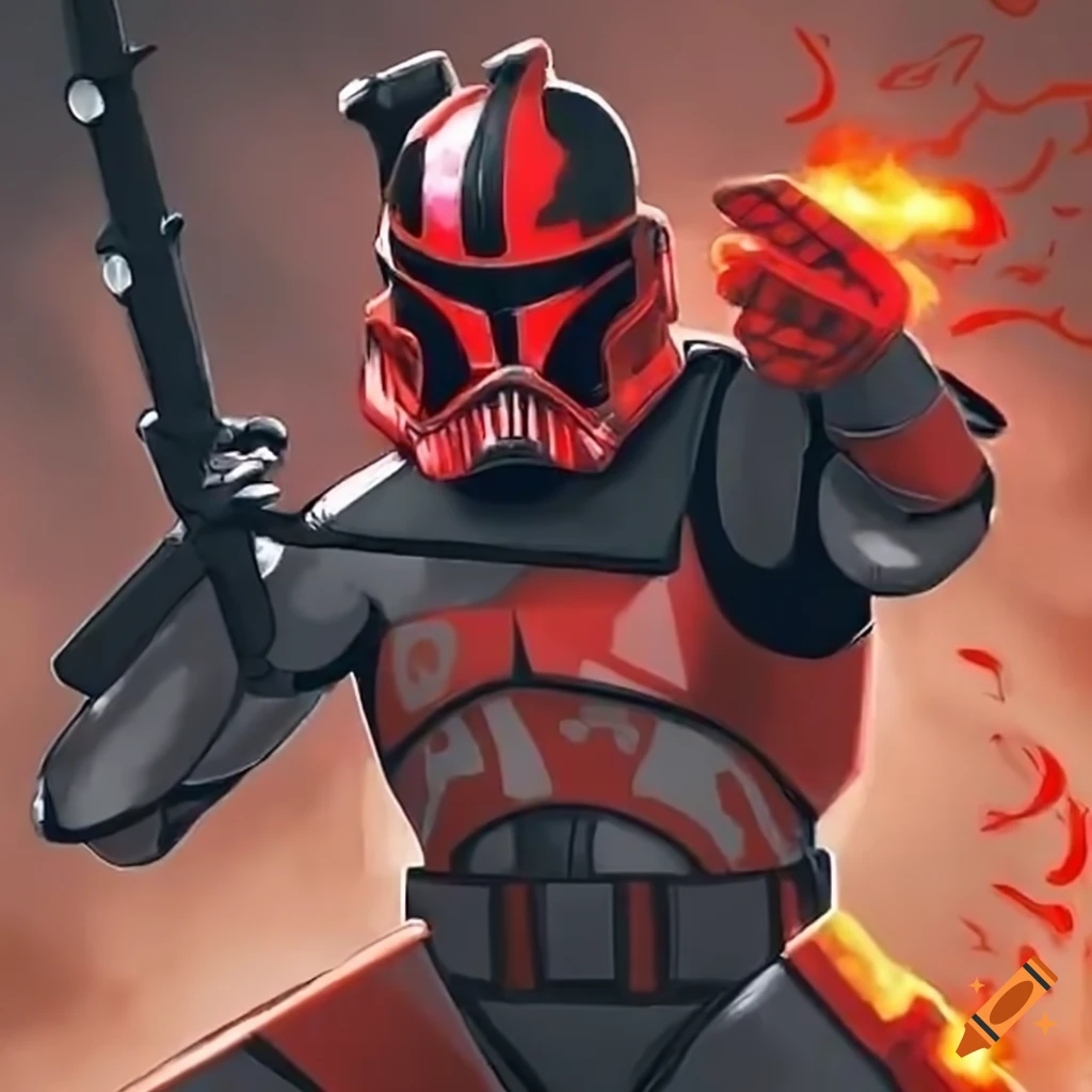 Firebending clone trooper in black and red armor without helmet on Craiyon