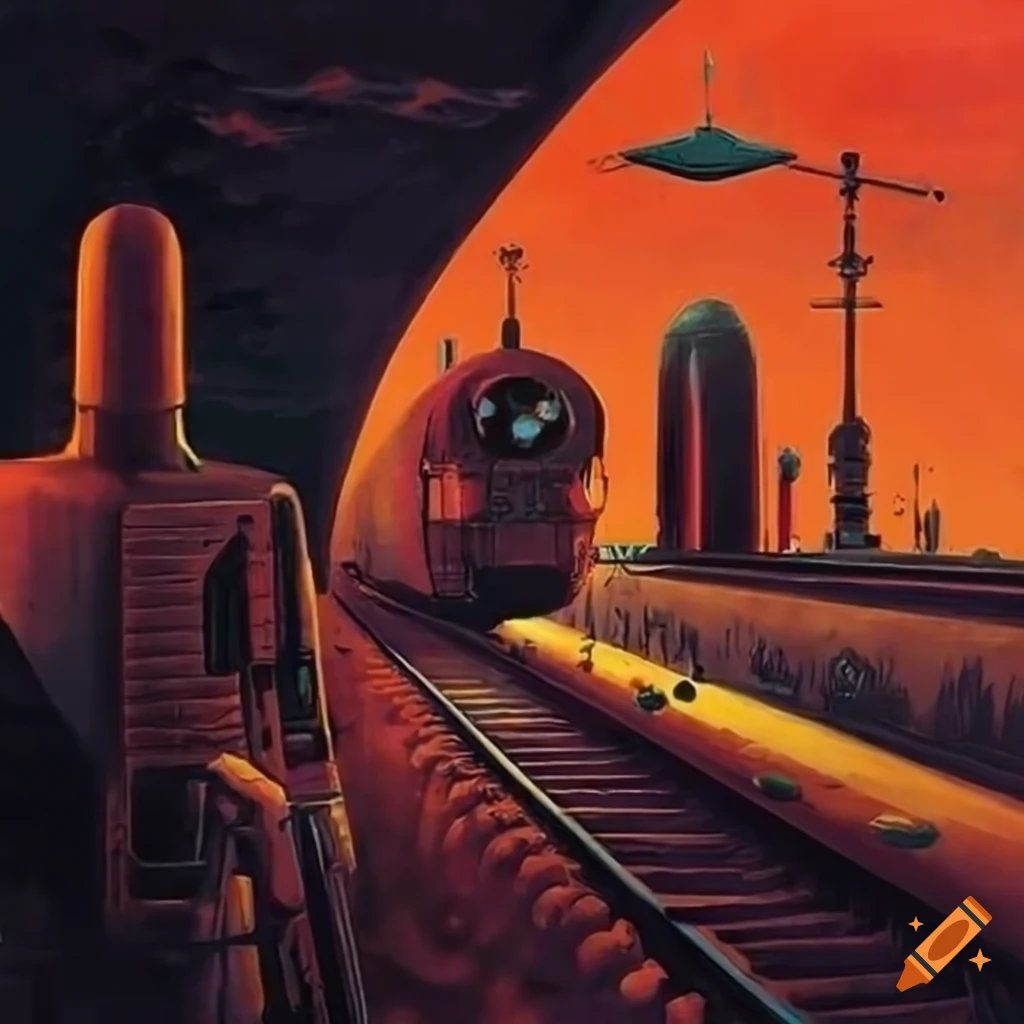 70s sci-fi Martian underground train art on Craiyon