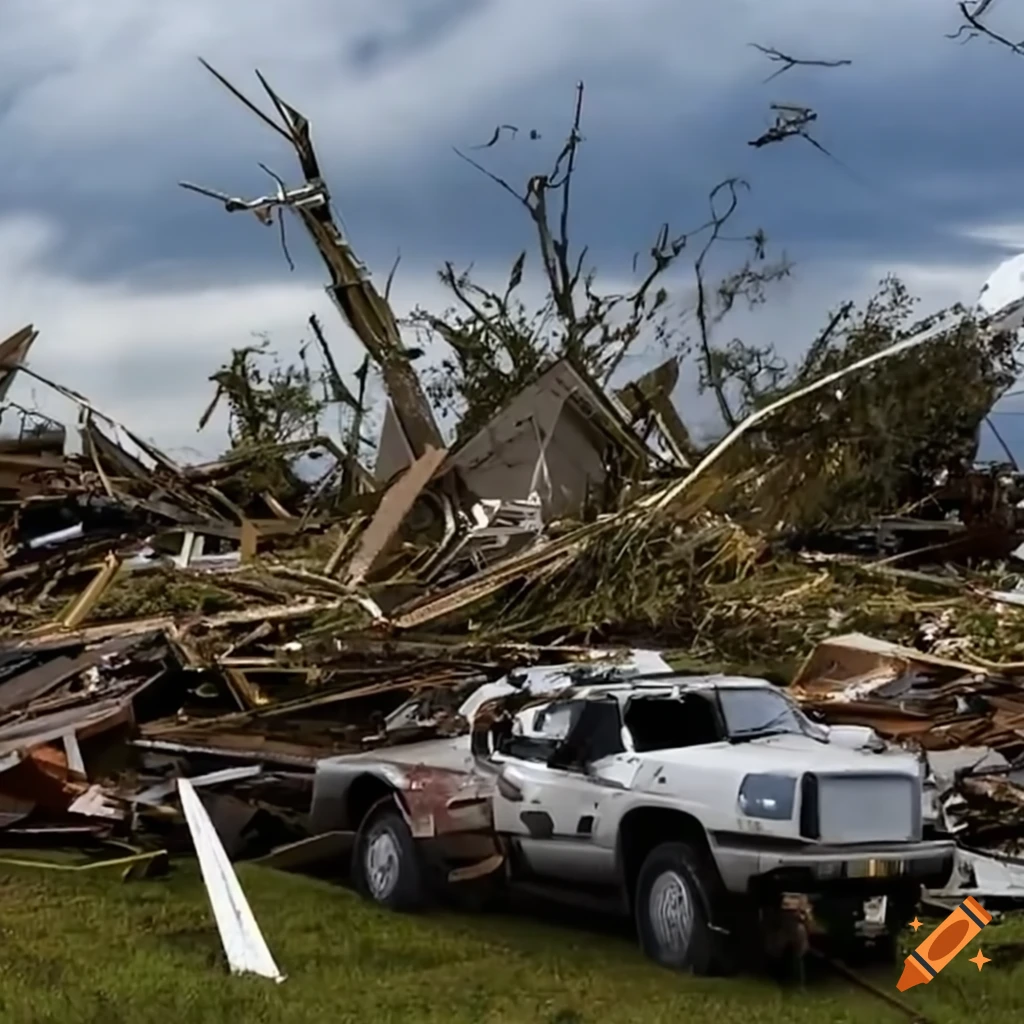Tornado damage in town 9997 after EF5 tornado on Craiyon