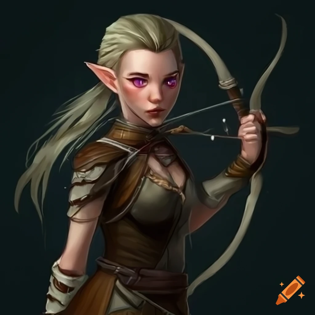 Eladrin elf ranger with bow, pink eyes, and brown hair on Craiyon
