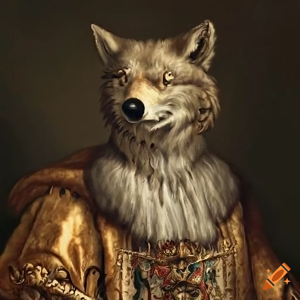 Noble wolf in a 17th-century fur robe intricately shaded on Craiyon