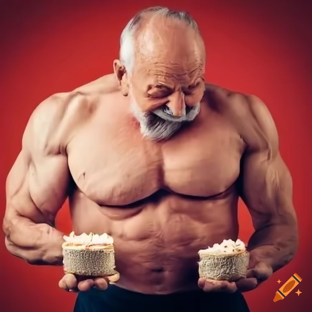 Strong man smiling while holding a birthday cake on Craiyon
