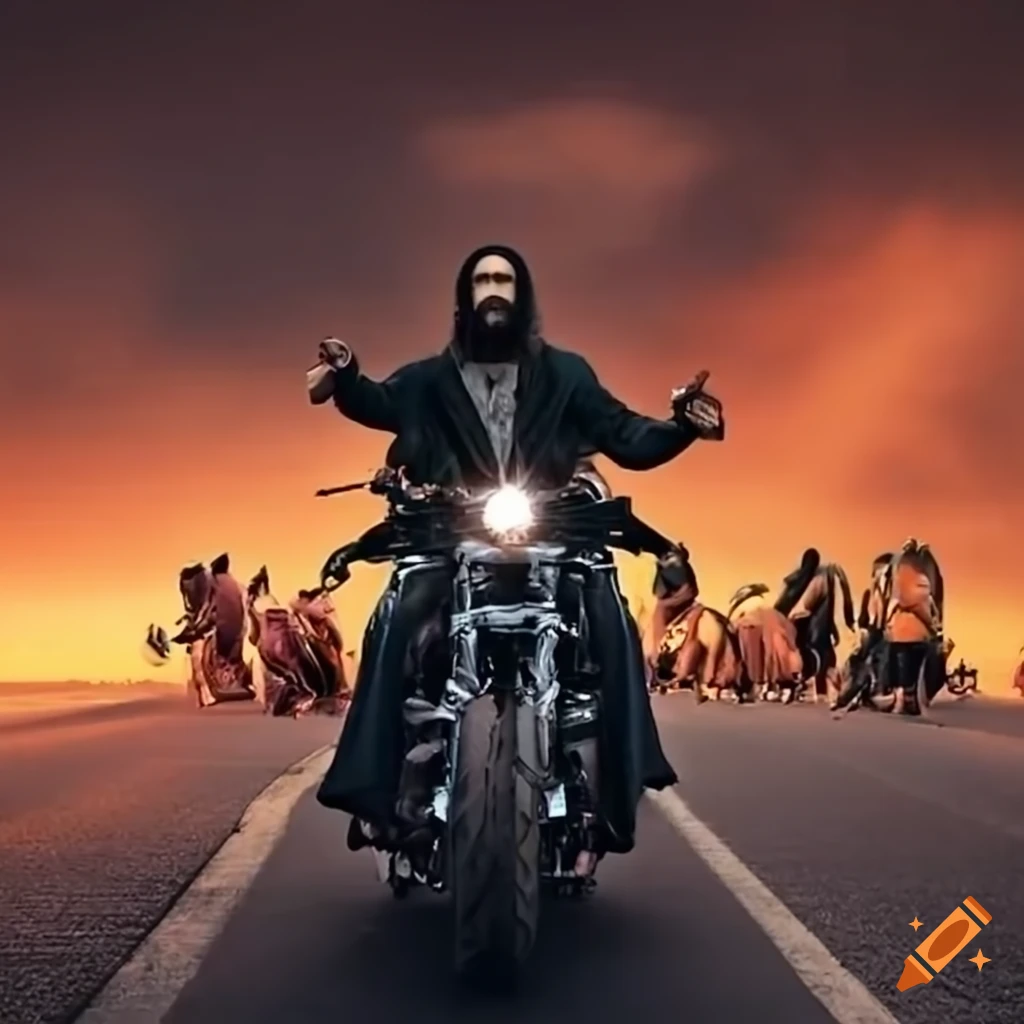 God, jesus, and moses riding on a harley davidson motorcycle on Craiyon