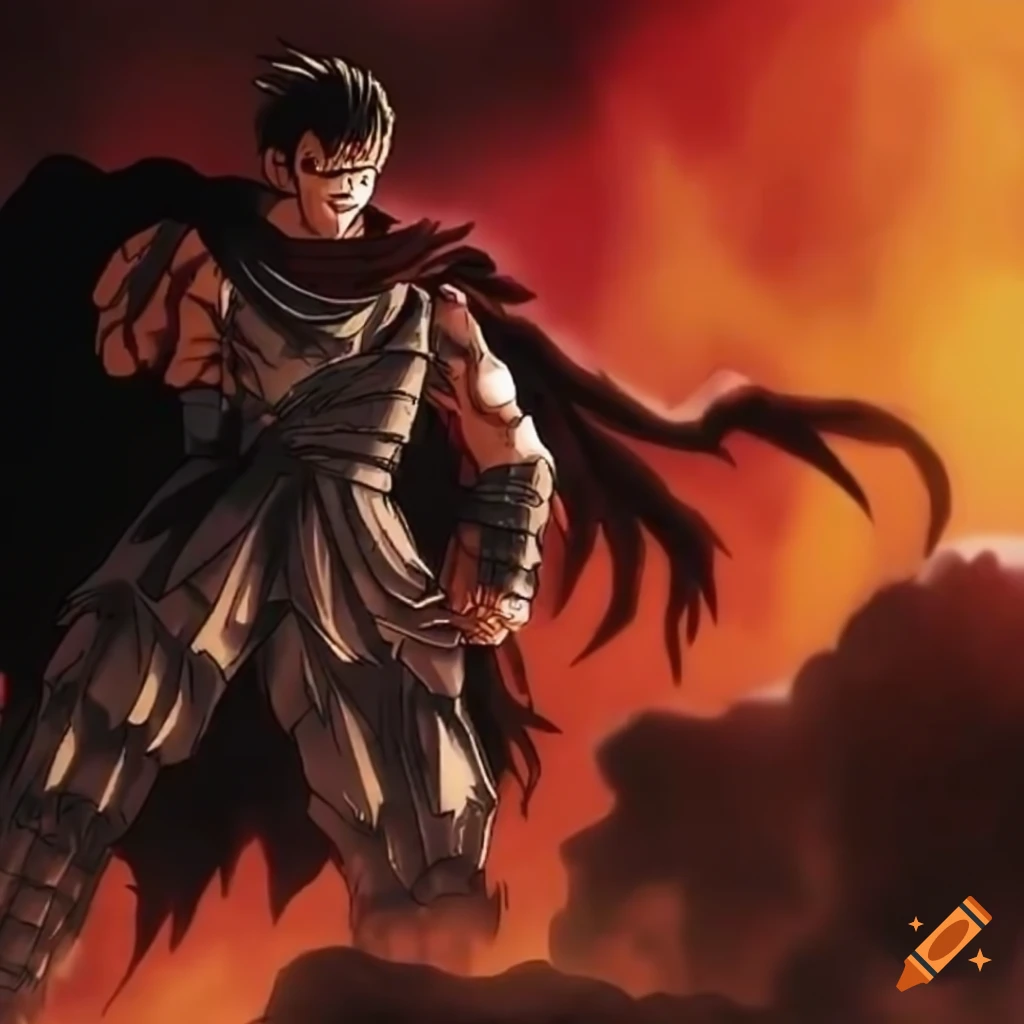 Guts from Berserk fighting San Goku from Dragon Ball on Craiyon