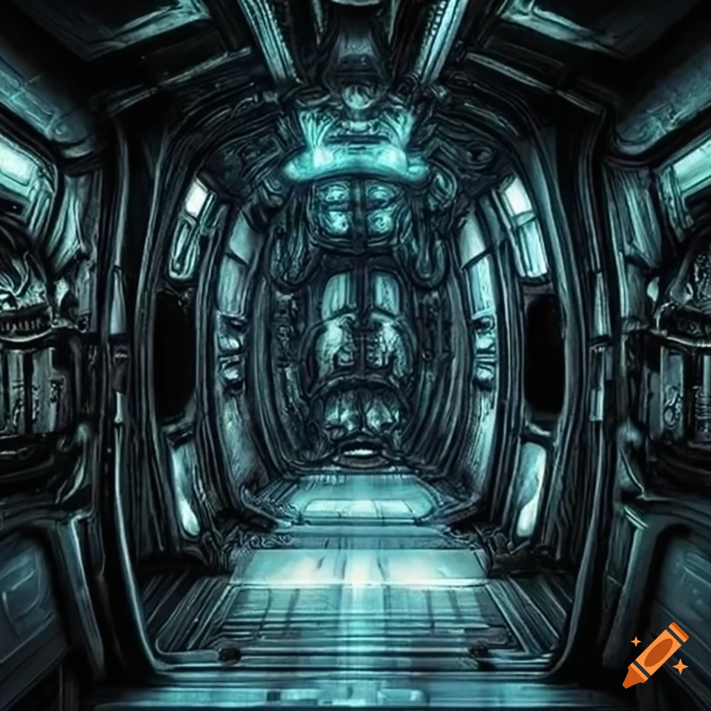 Corridor in an alien spaceship inspired by H.R. Giger on Craiyon