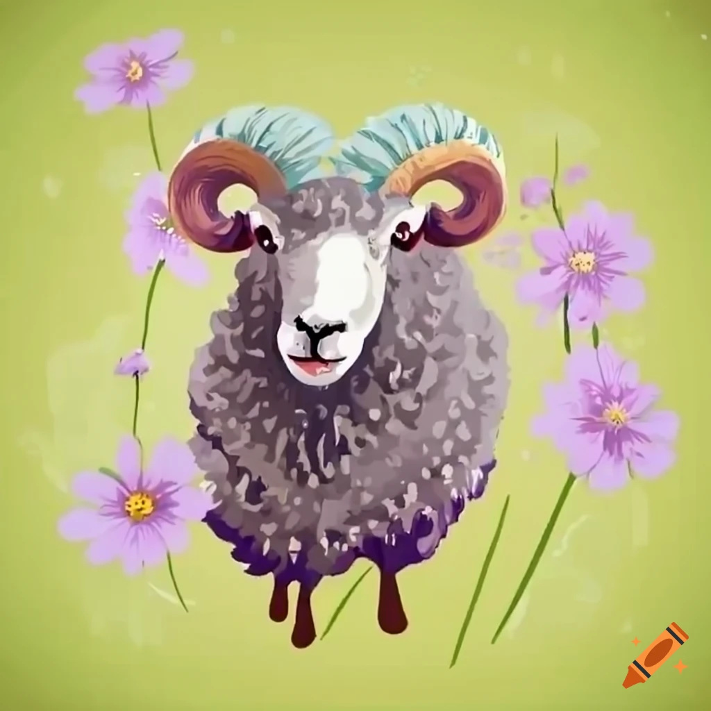 Animated ram strolling through a meadow surrounded by blooming flowers ...