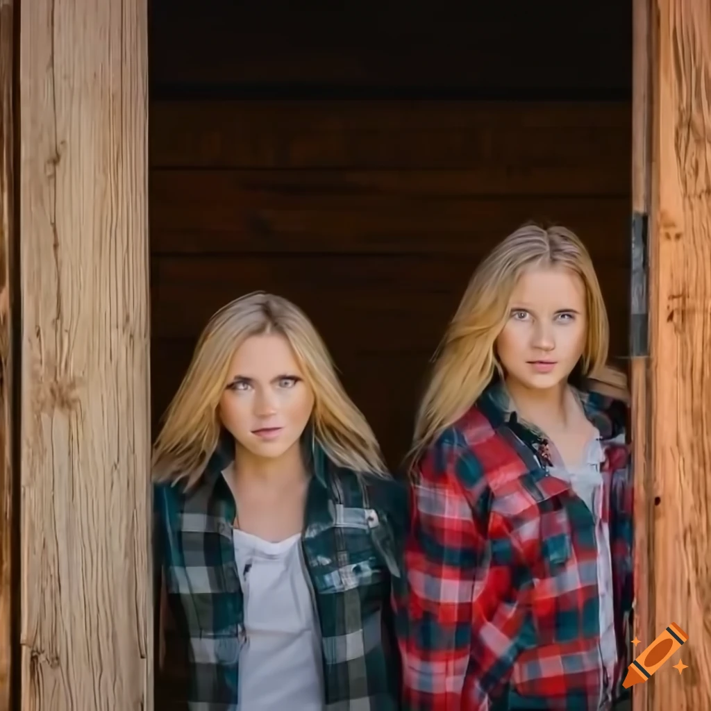 Blonde Twins In Country Plaid Shirts And Black Leather Trousers Peeping