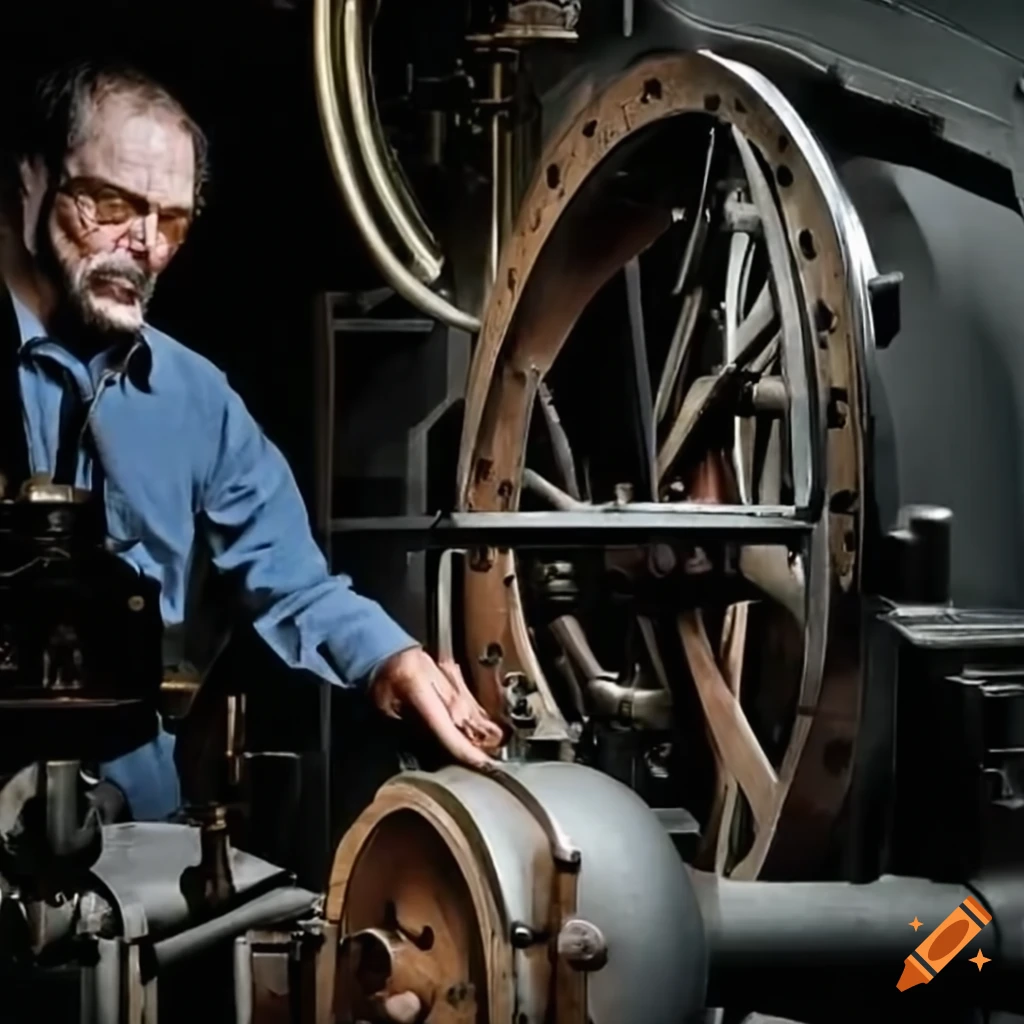 Master engineer working on a 19th century steam engine on Craiyon
