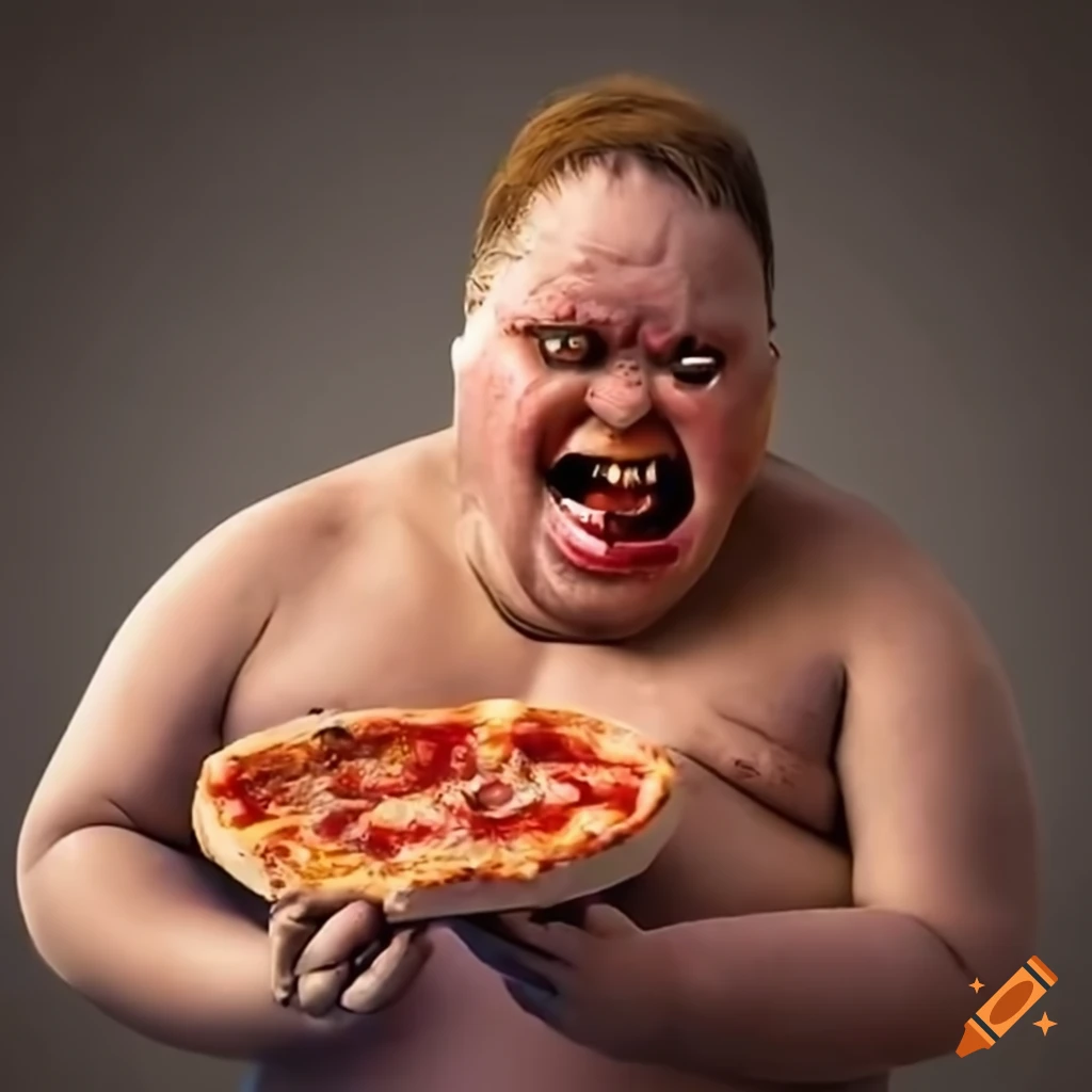 Grotesque man turning into a pizza while eating pizzas on Craiyon