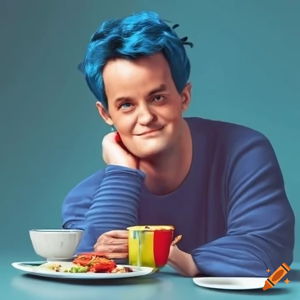 Chandler bing with blue hair cooking in a colorful kitchen on Craiyon