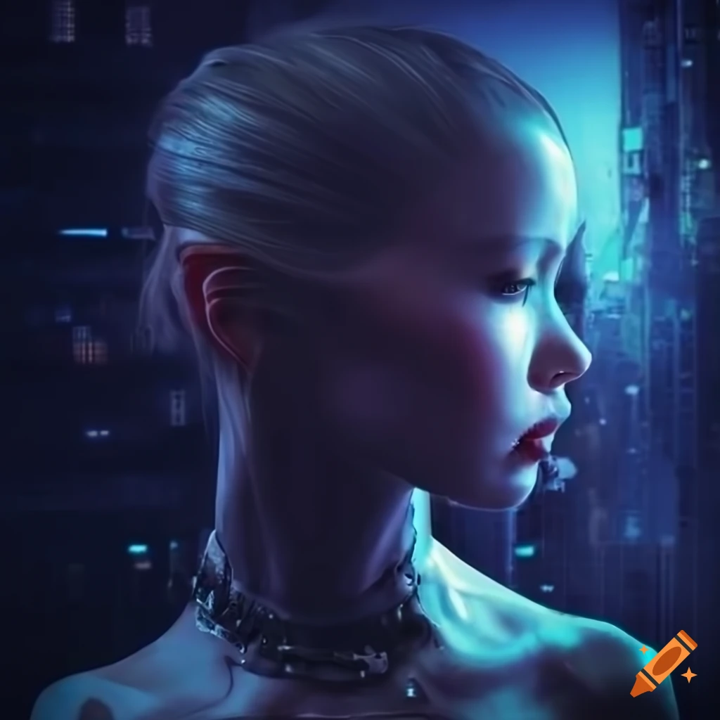 Cyborg goddess with human and cybernetic features in a dark cyberpunk ...