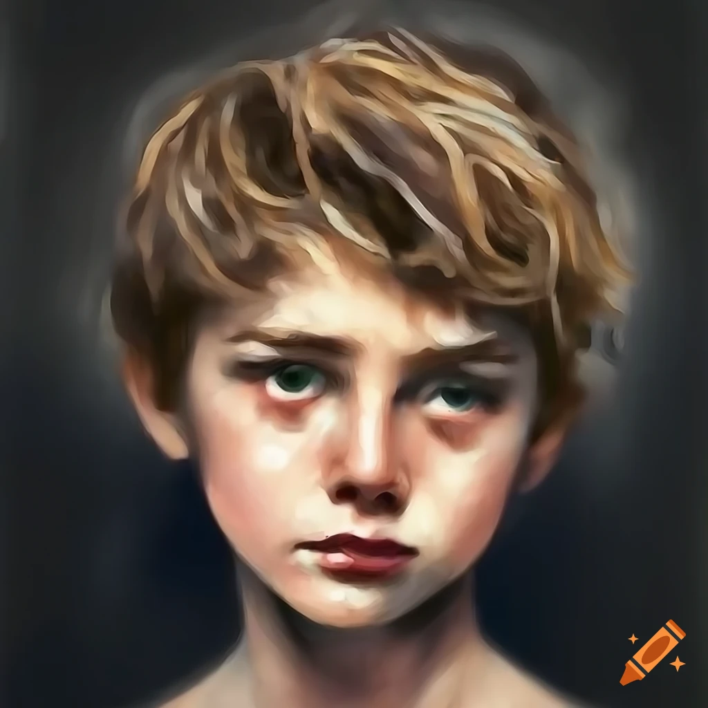 Ethereal boy with messy brown hair and sad dark eyes in tank top on Craiyon