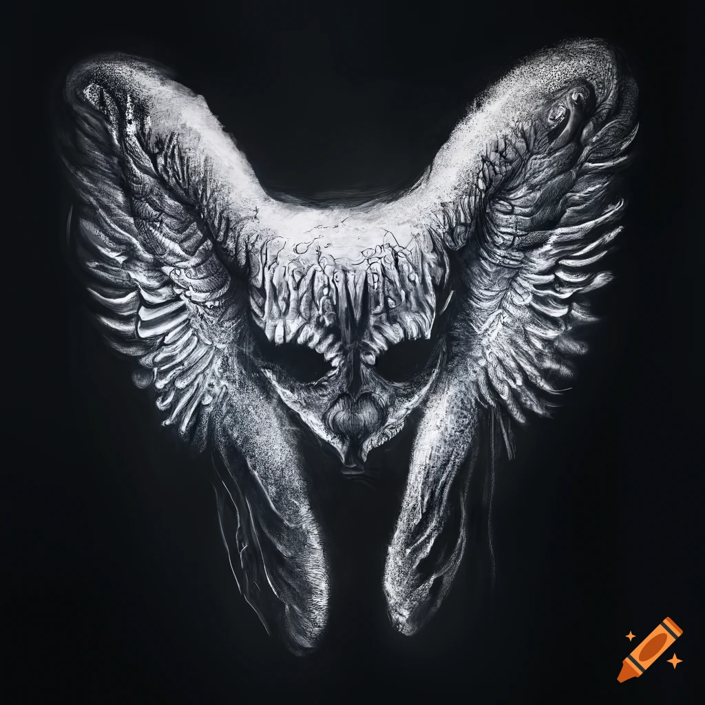 White chalk abstract drawing of an insectile creature with sad eyes and ...