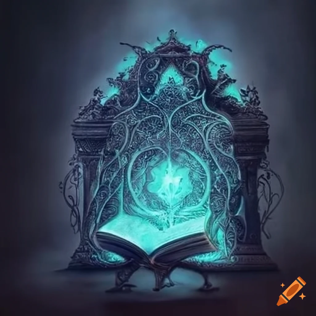 Intricate glowing spell book on Craiyon