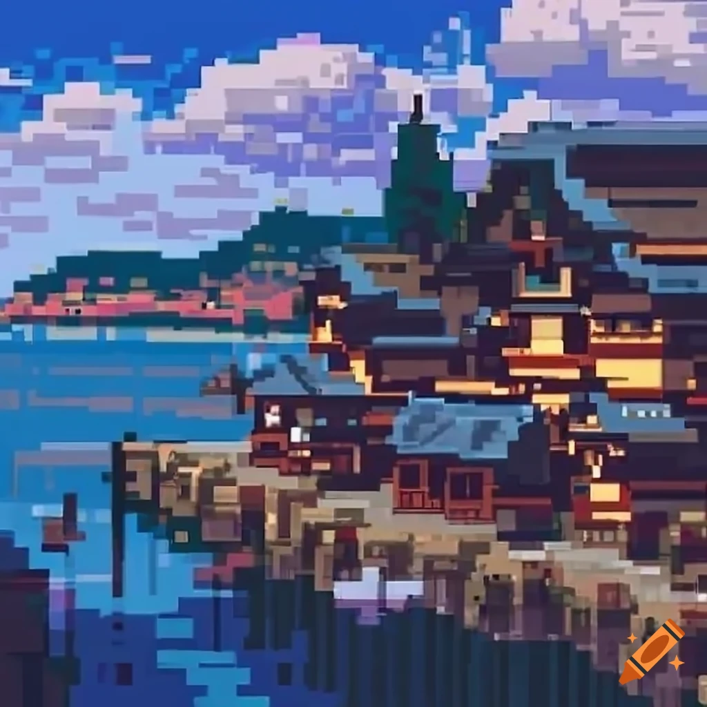 Japanese coastal village in detailed pixel art style on Craiyon