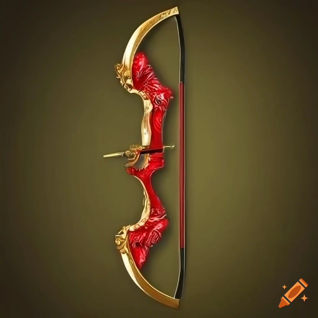 Athletic fantasy recurve bow with dragon horn limbs on a gold ...