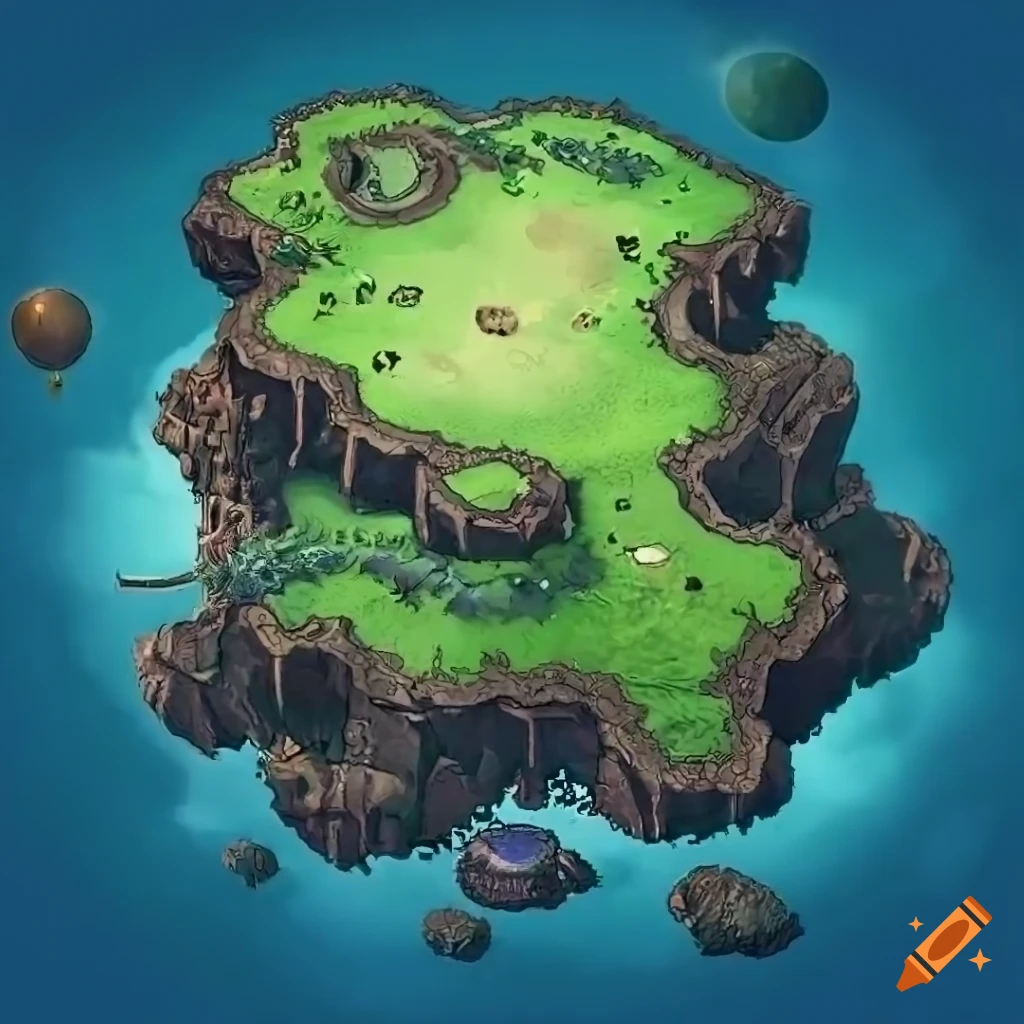 Aerial view of floating islands battle map in the sky on Craiyon