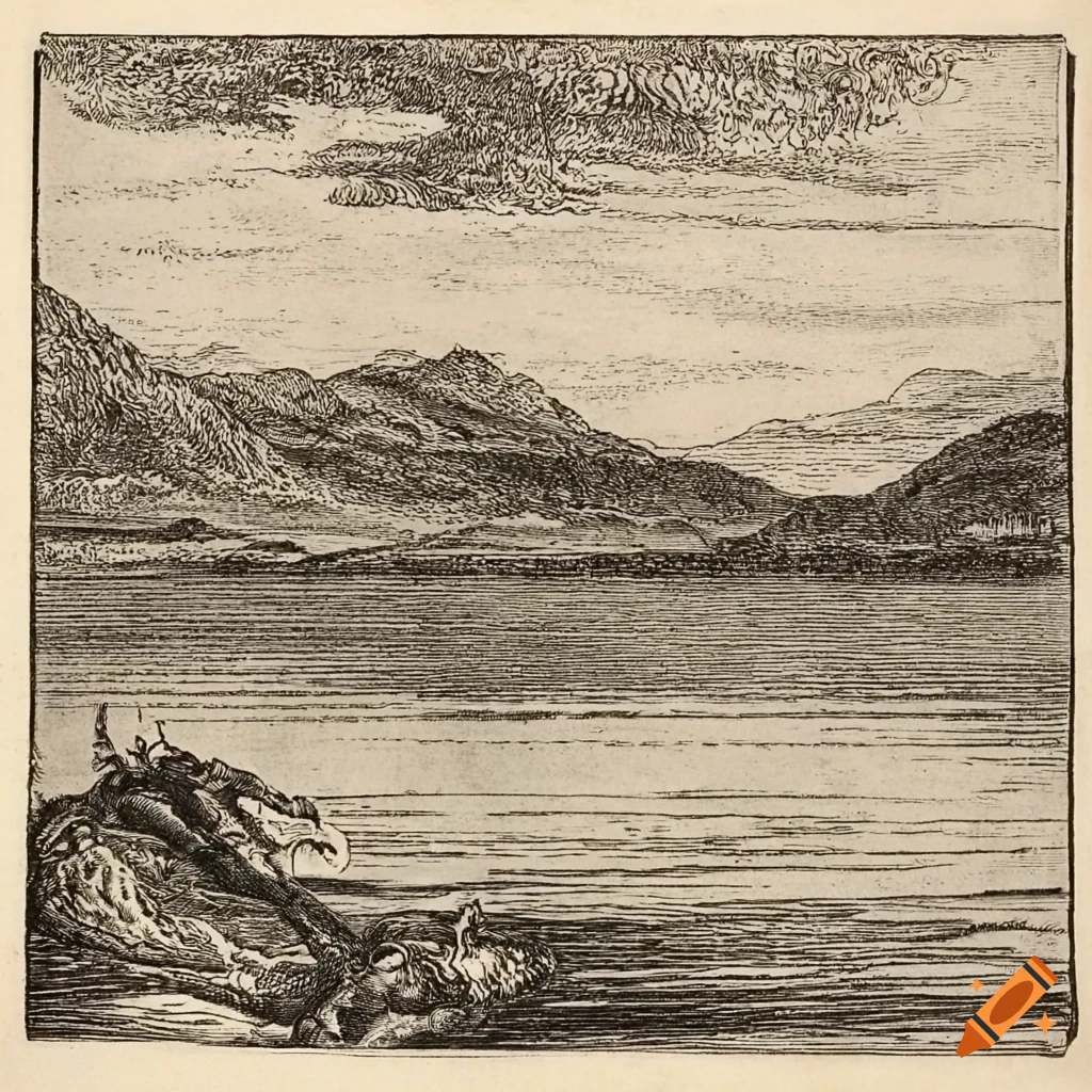 Pen drawing of the Loch Ness Monster in a landscape from the 1700s on ...