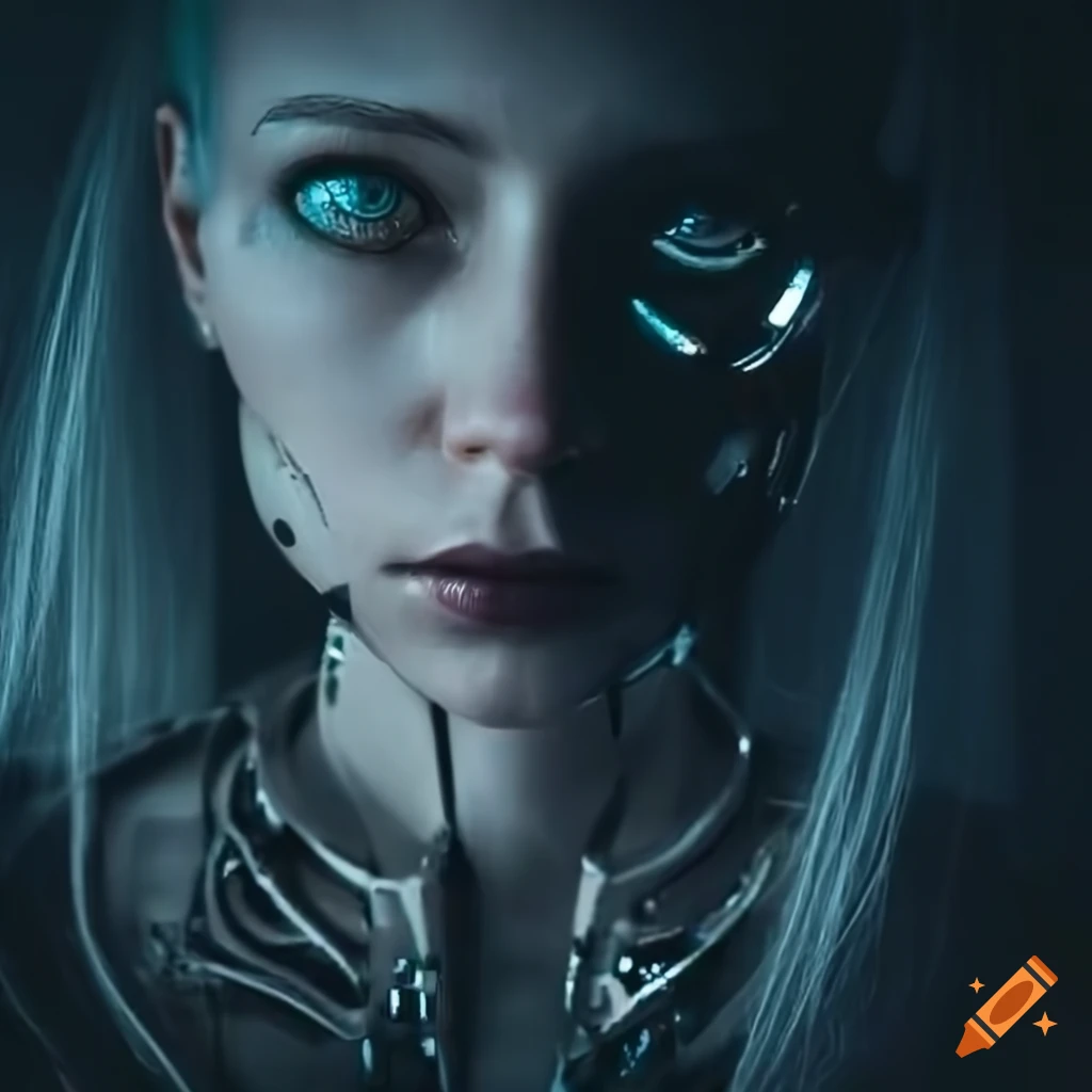 Cyborg goddess with human-cybernetic features in a dark cyberpunk ...