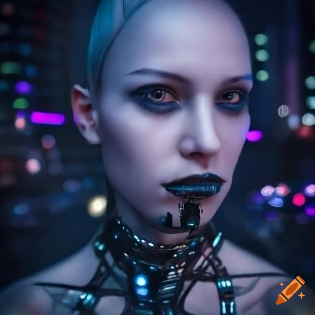 Cyborg goddess with human and cybernetic features in a dark cyberpunk ...