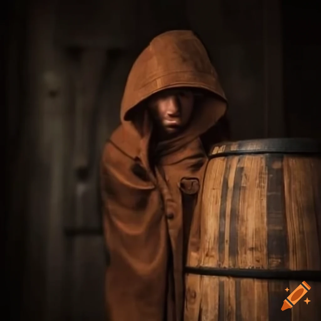 Rogue with brown hood sitting on bourbon barrels on Craiyon