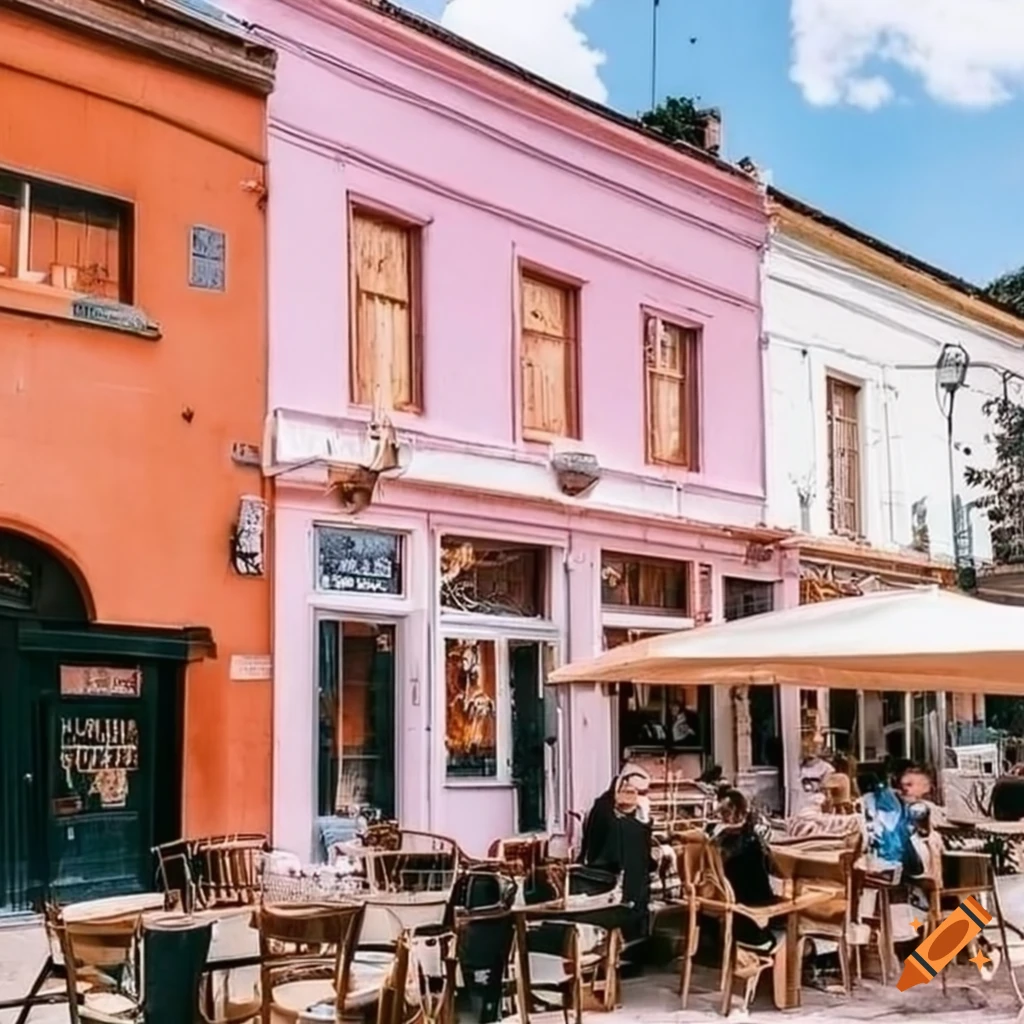 Decorated cafe in pastel colors, street photo on Craiyon