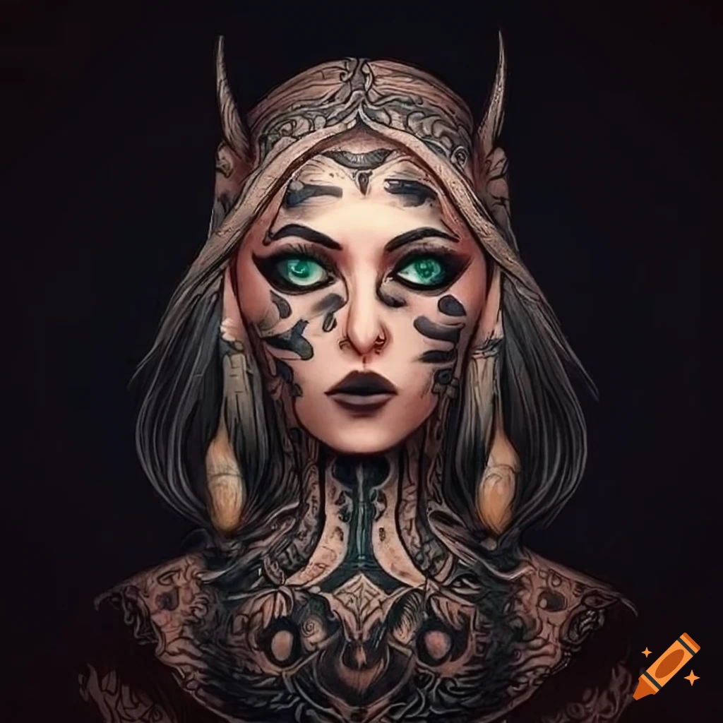 Intricately designed vallaslin with a symmetrical raven motif on a ...