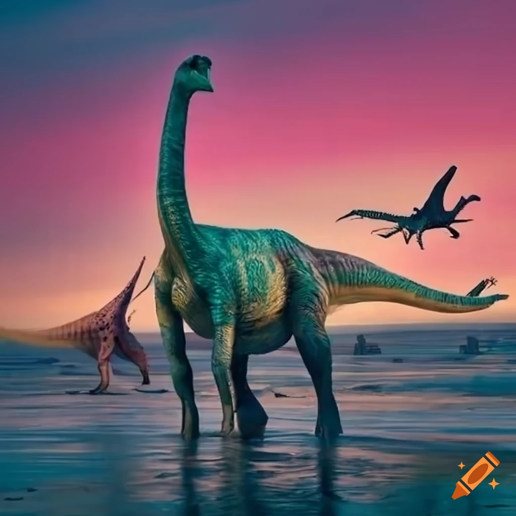 Detailed prehistoric scene with dinosaurs against a colorful sky on Craiyon