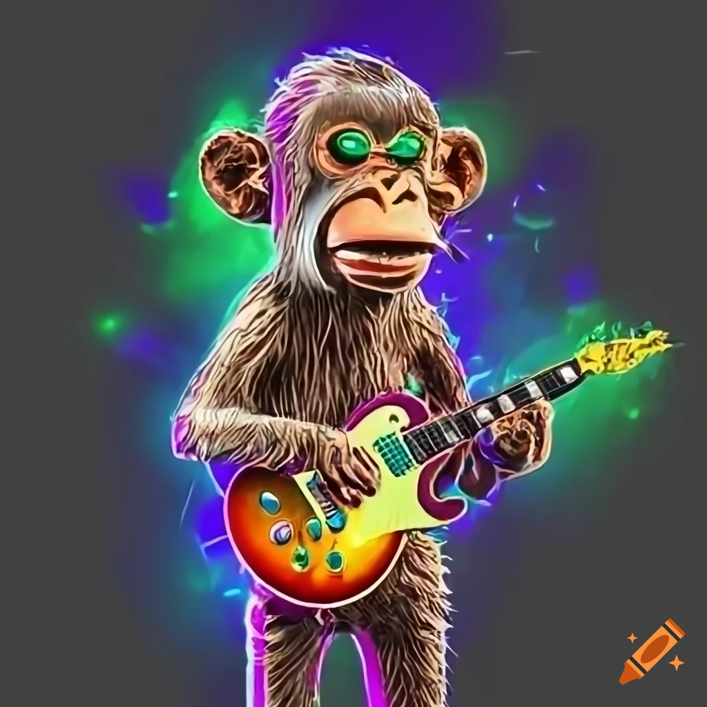 AI monkey crypto coin NFT artwork holding a sunburst gibson les paul ...