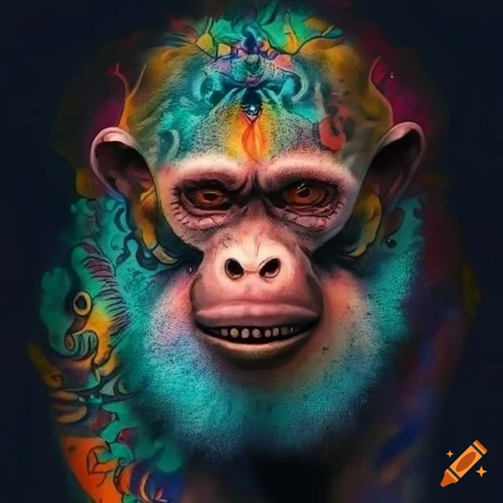 Captivating monkey tattoo design with colorful patterns and surreal ...