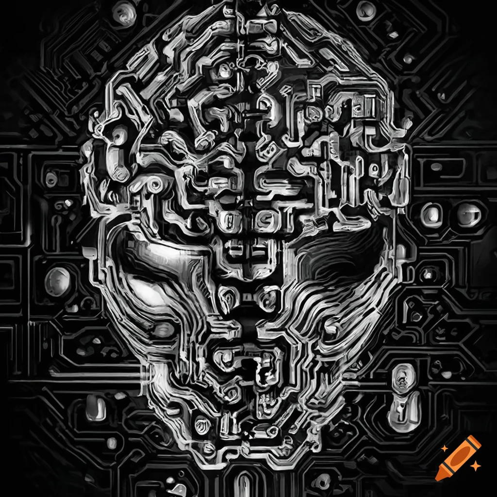Brain circuit board in black and white with H.R. Giger-like alien and ...