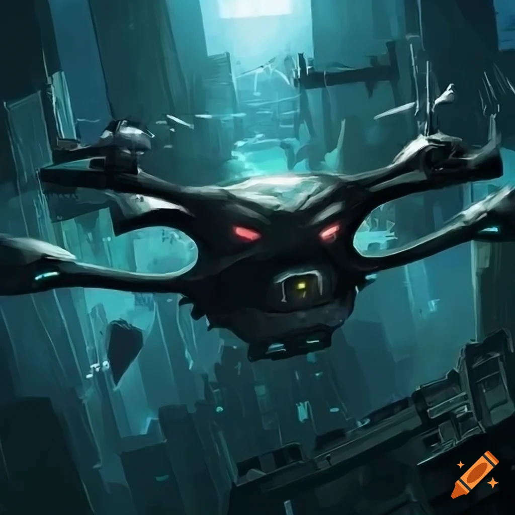 Cyberpunk flying drone in a fantasy art style on Craiyon