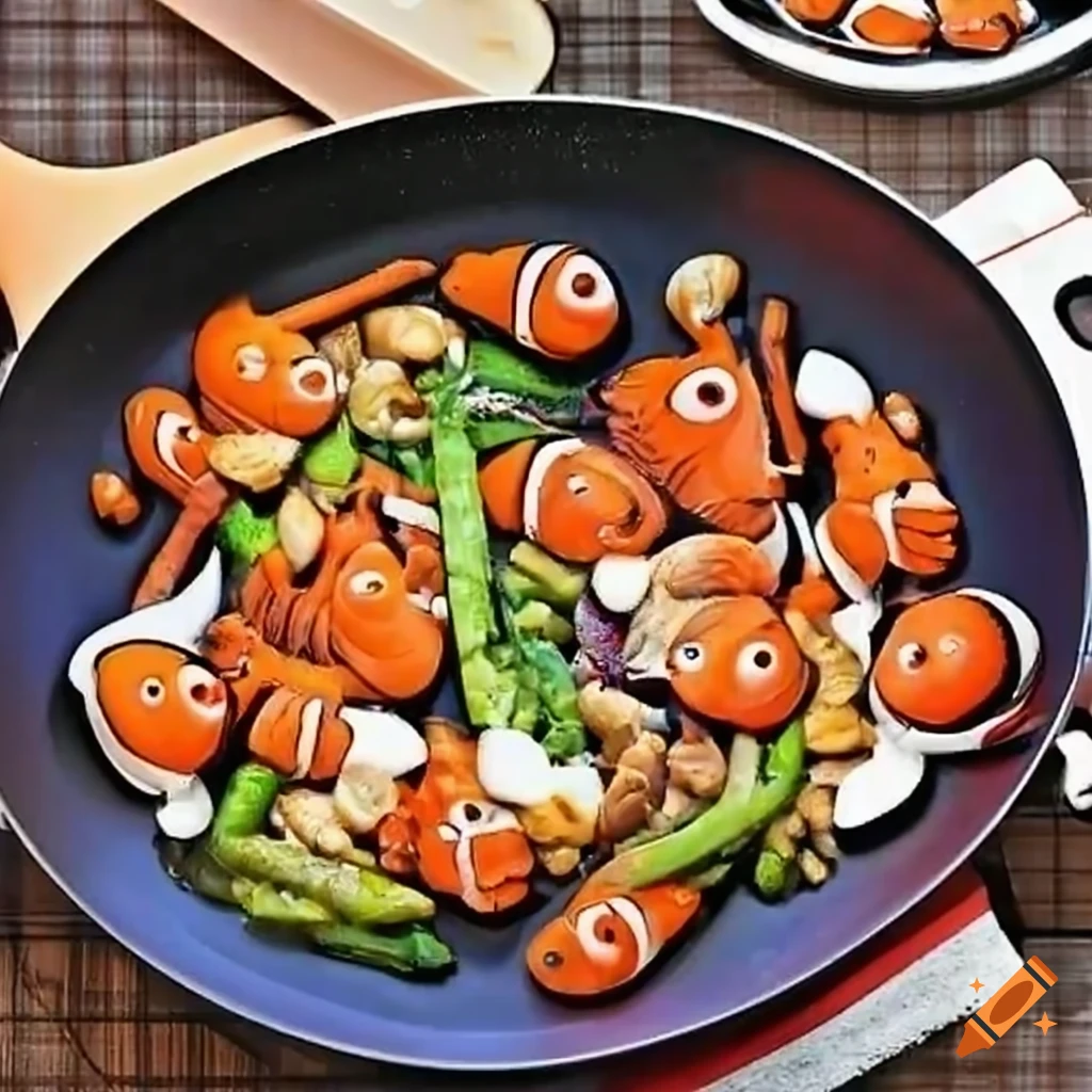 Finding nemo stir-fry in a frying pan on Craiyon