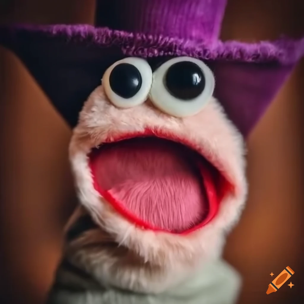 Fluffy wonka sock puppet with a happy open mouth on Craiyon