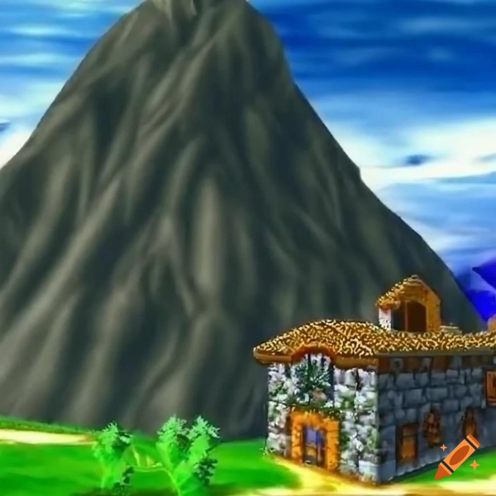 Scenic mountain view in n64 style similar to super mario 64 on Craiyon