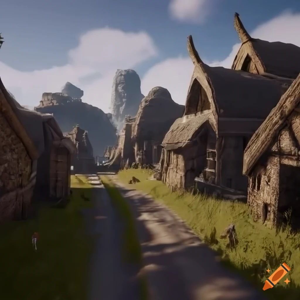 Aerial view of a sci-fi village street with a mix of architectural ...