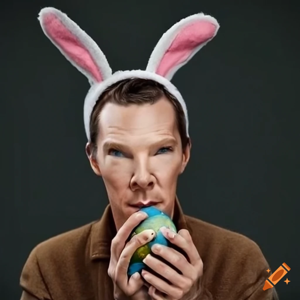 Benedict Cumberbatch wearing bunny ears and holding an Easter egg on Craiyon