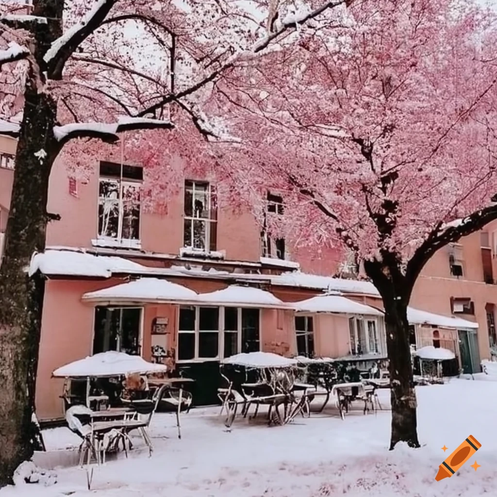 Cafe with pink spring trees and falling leaves in a snowy setting on ...