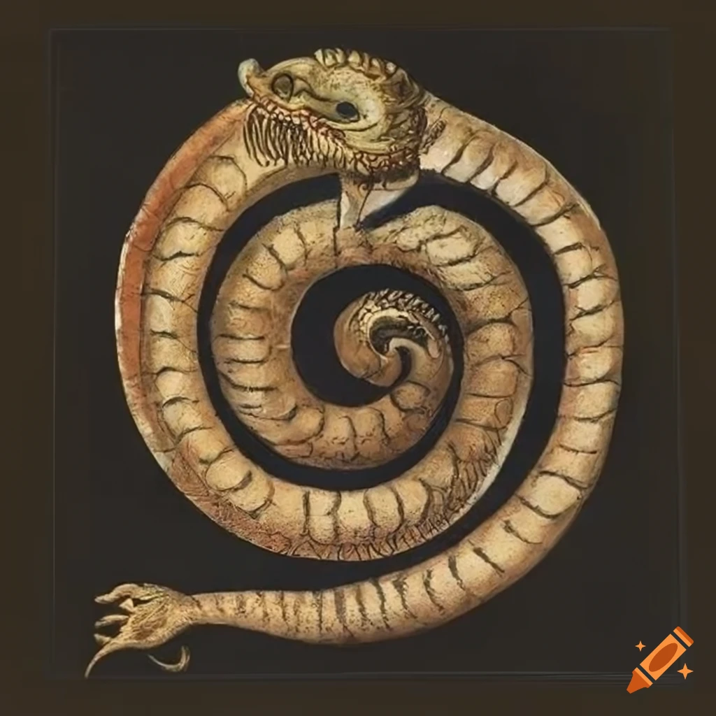 Ancient manuscript with ouroboros serpent devouring the genetic code in medieval style on Craiyon