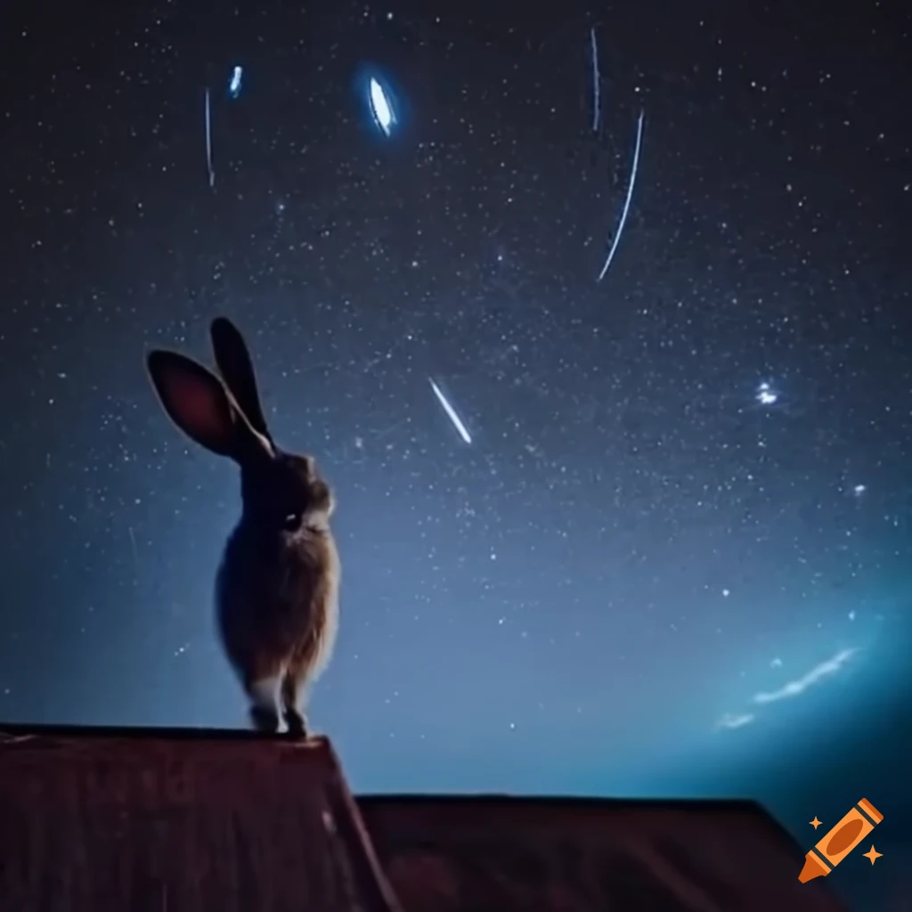 Bunny on rooftop watching a shooting star in the sky on Craiyon