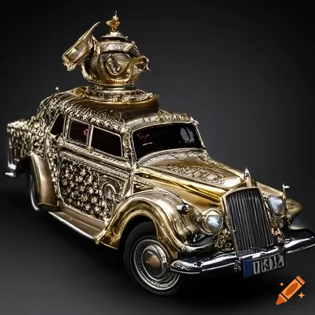 Vintage car with ornate armor plating and detailed design on Craiyon