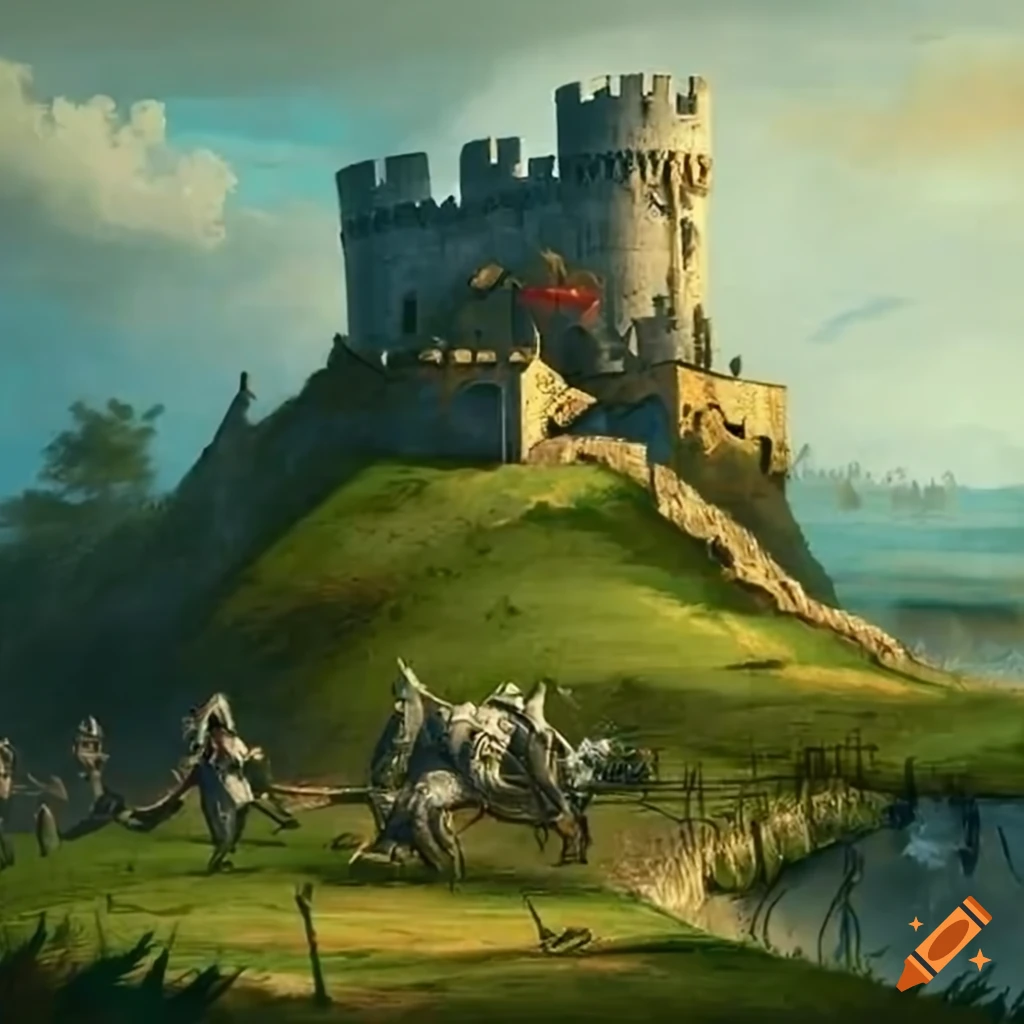Medieval boat crashed into grassy hill with knights besieging a castle ...
