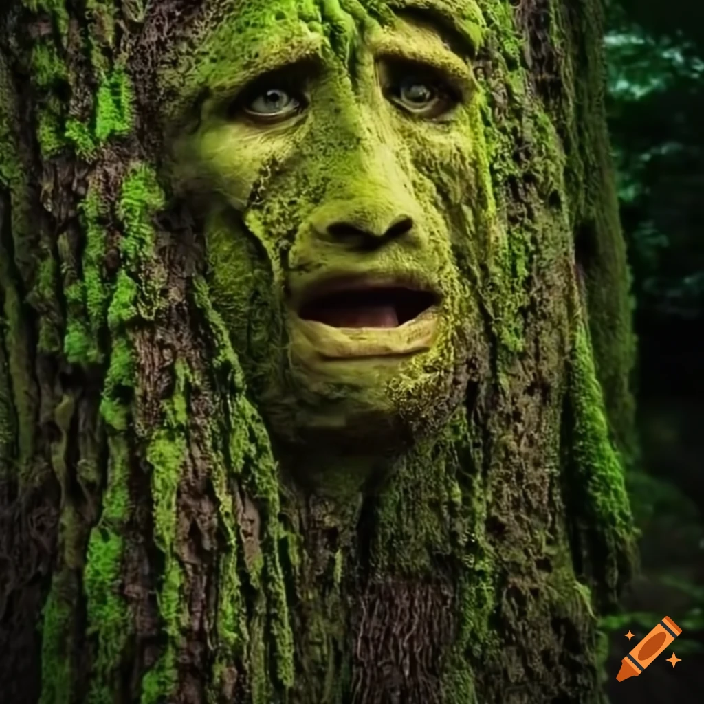 Moss-covered tree face sculpture with chill expression made with clay ...