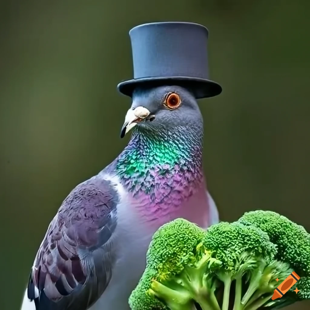 Pigeon wearing a top hat and eating broccoli on Craiyon