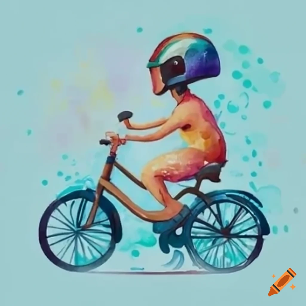 Fish riding a bike with a helmet filled with water on land on Craiyon